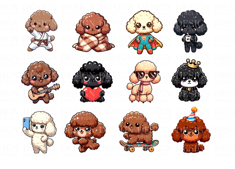 Cute Poodle Clipart Stickers | Kawaii Digital Stickers | Scrapbooking ...