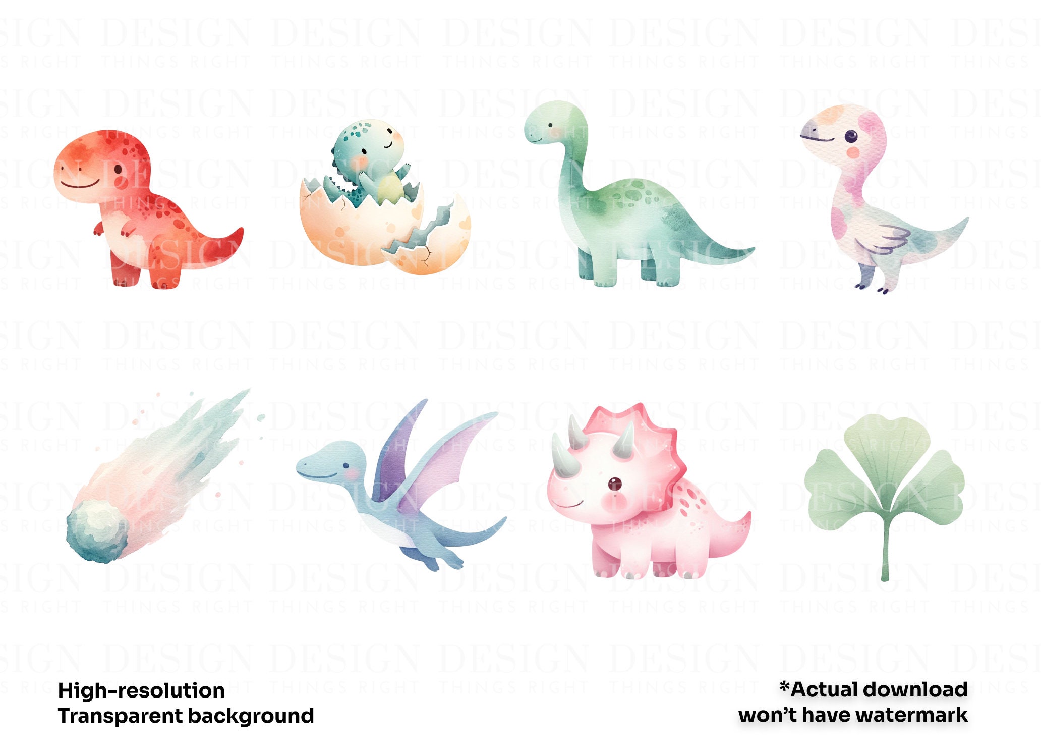 Pastel Dinosaurs Watercolour Clipart Set - T-rex, Triceratops ...