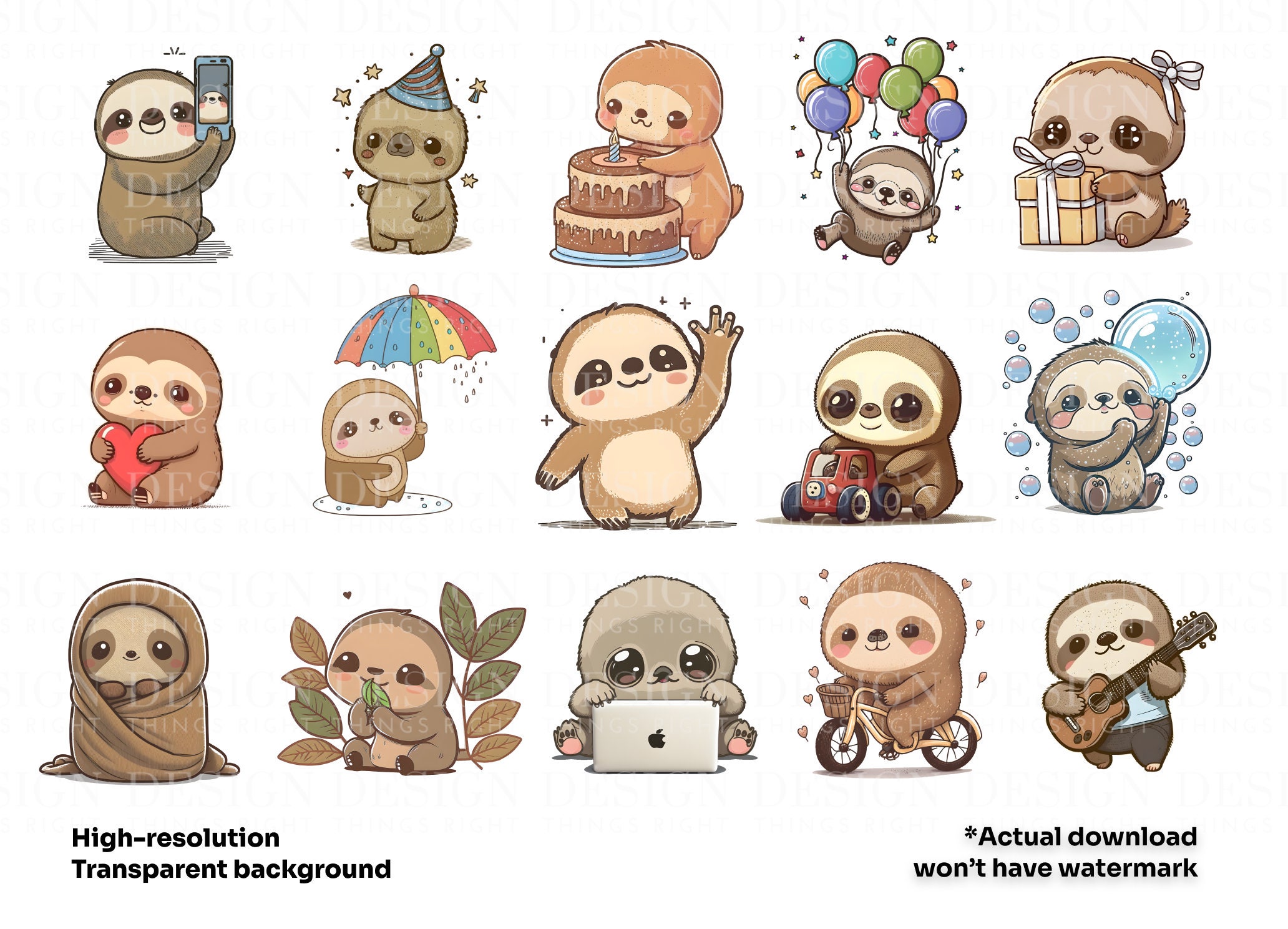 Cute Sloth Clipart Stickers | Kawaii Digital Stickers | Scrapbooking ...