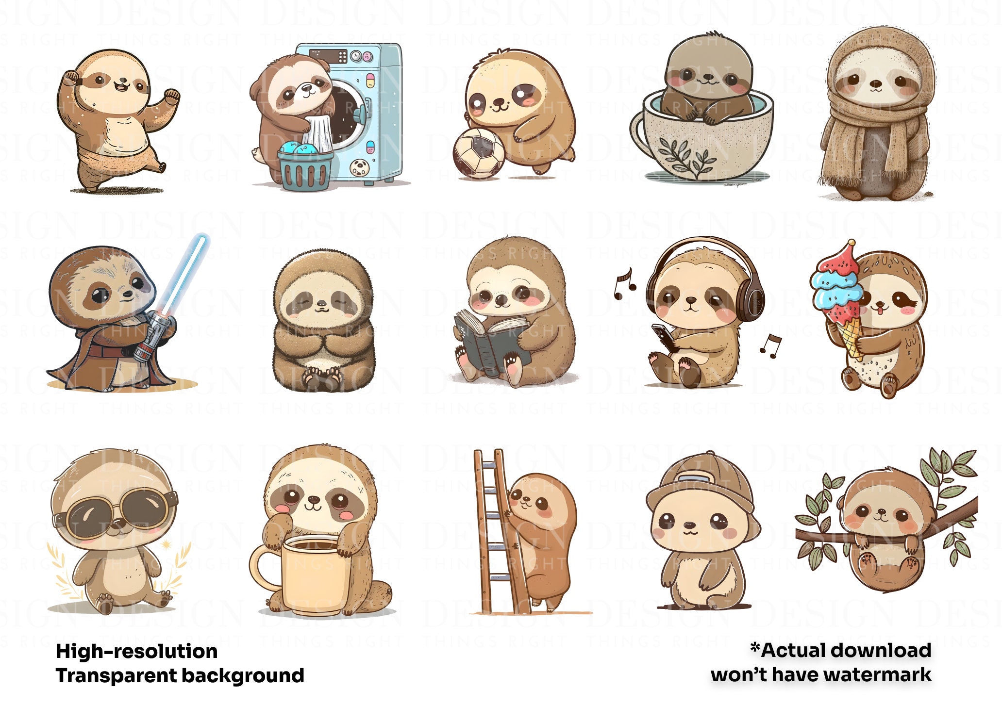 Cute Sloth Clipart Stickers | Kawaii Digital Stickers | Scrapbooking ...