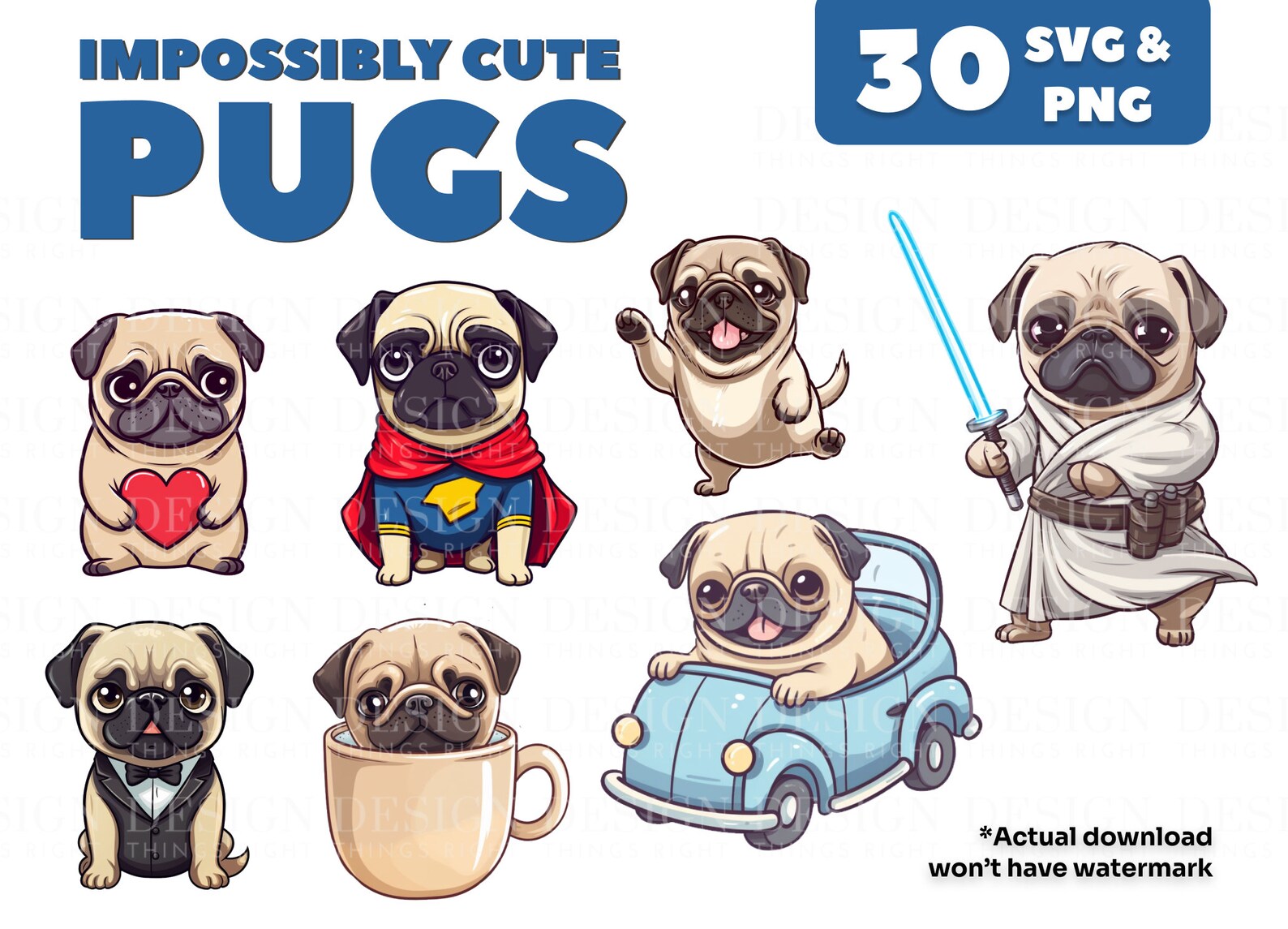 Cute Pug Clipart Stickers Kawaii Digital Stickers - Etsy
