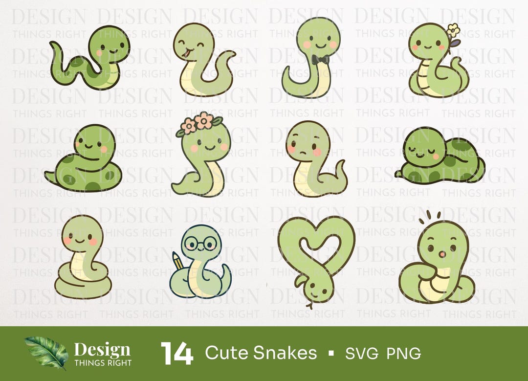 Cute Snakes Clipart Bundle SVG PNG – 12 Kawaii Reptile Clipart, Funny ...