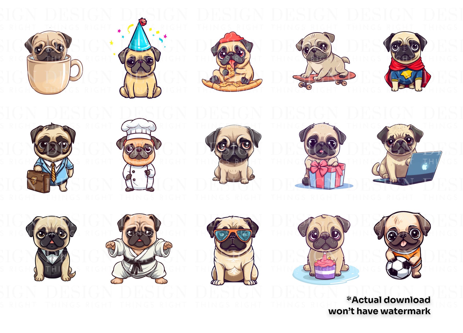 Cute Pug Clipart Stickers | Kawaii Digital Stickers | Scrapbooking ...