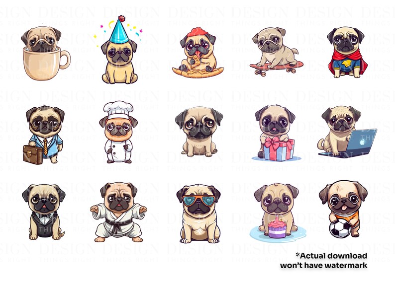 Cute Pug Clipart Stickers | Kawaii Digital Stickers | Scrapbooking ...