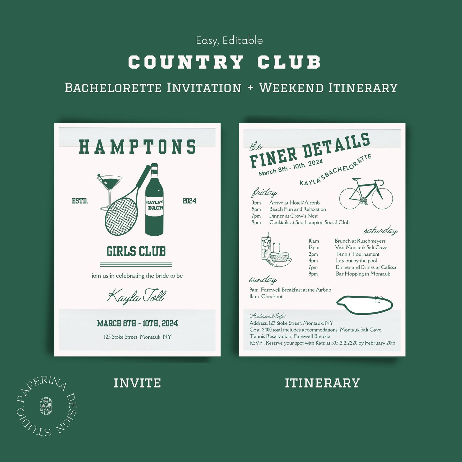 Country Club Bachelorette Invitation Template, Bachelorette Itinerary ...