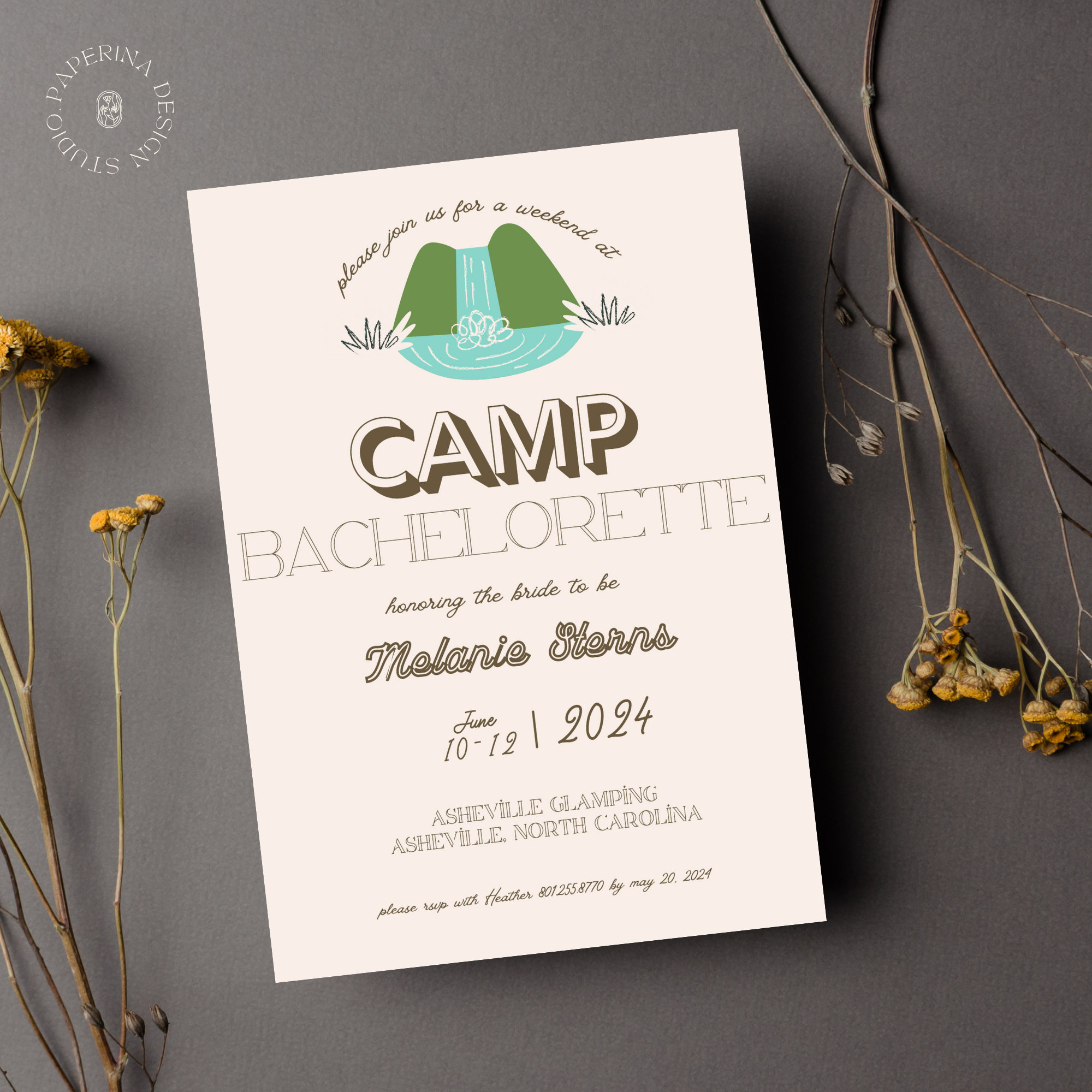 Camp Bachelorette Waterfall Invitation and Itinerary Template, Camp ...