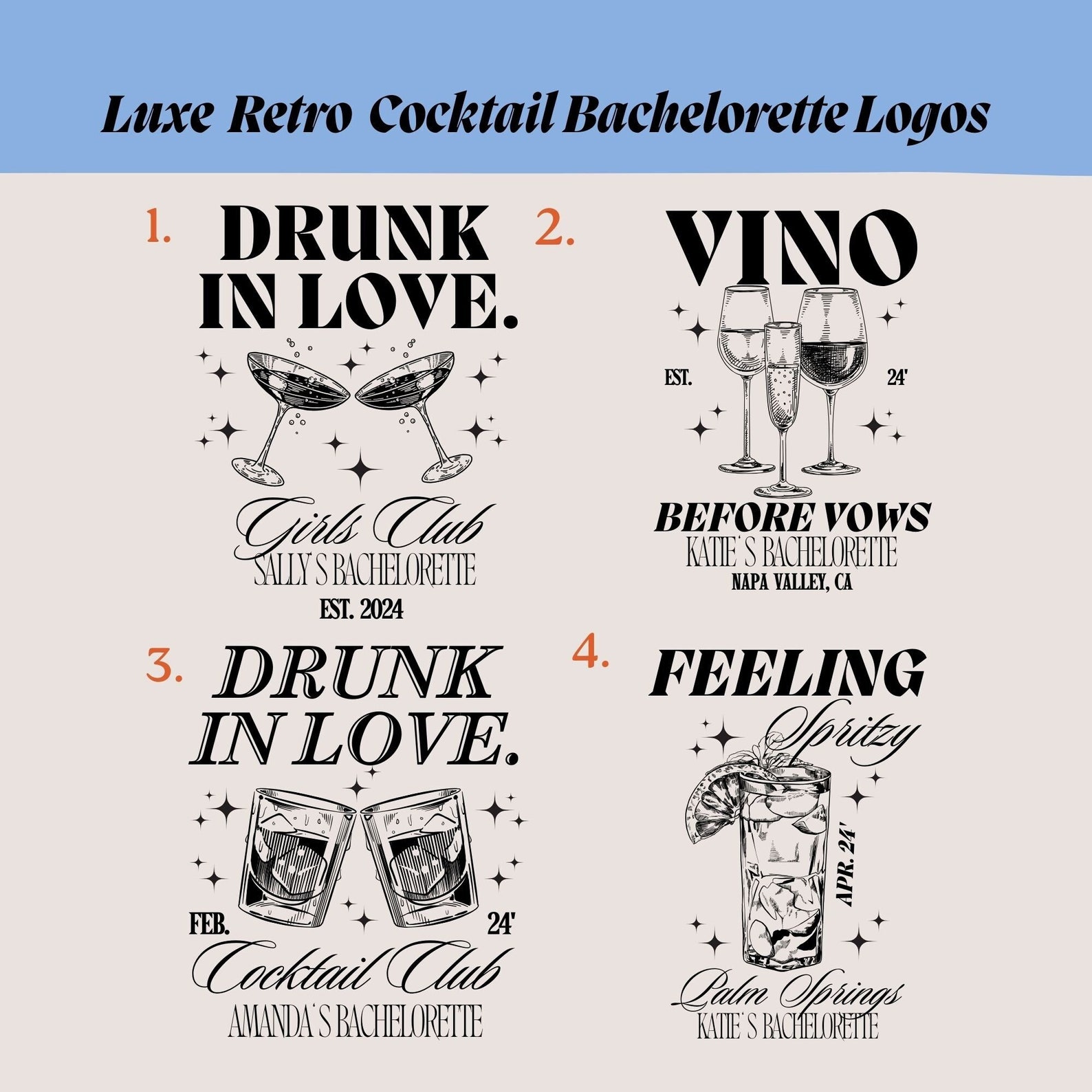 Luxe Retro Cocktail Bachelorette Logos, Bachelorette Party Logo ...
