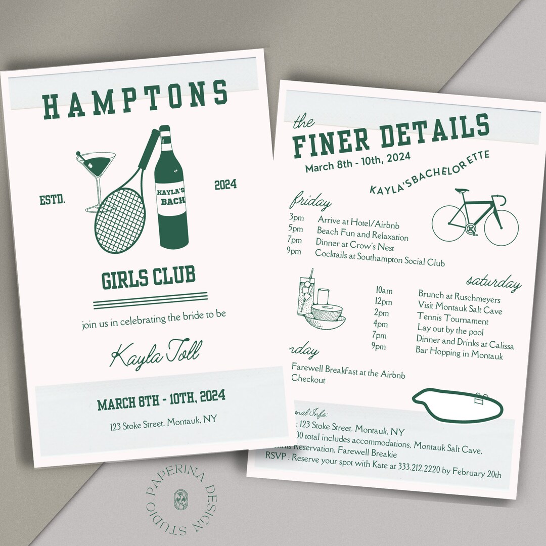 Country Club Bachelorette Invitation Template, Bachelorette Itinerary ...