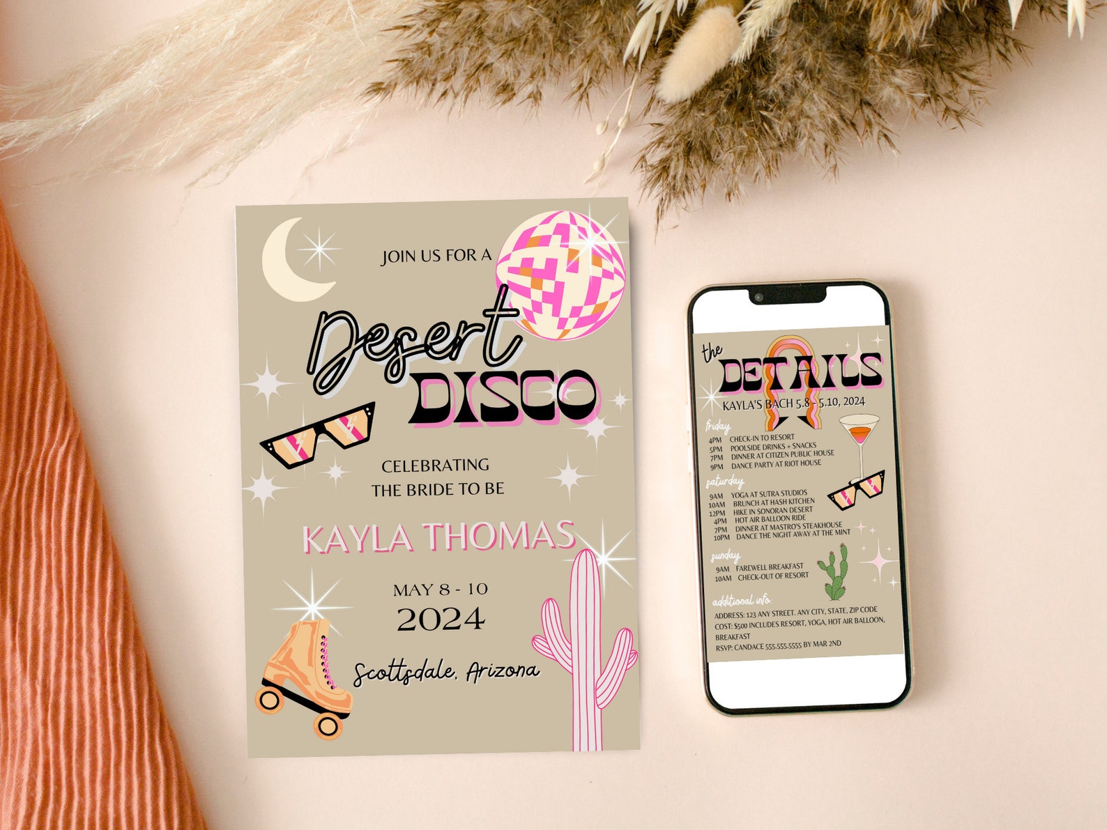 Desert Disco Bachelorette Invitation and Itinerary Template, Desert ...