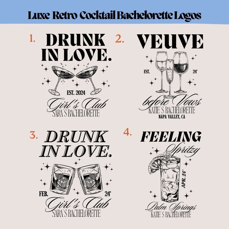 Luxe Retro Cocktail Bachelorette Logos, Bachelorette Party Logo ...