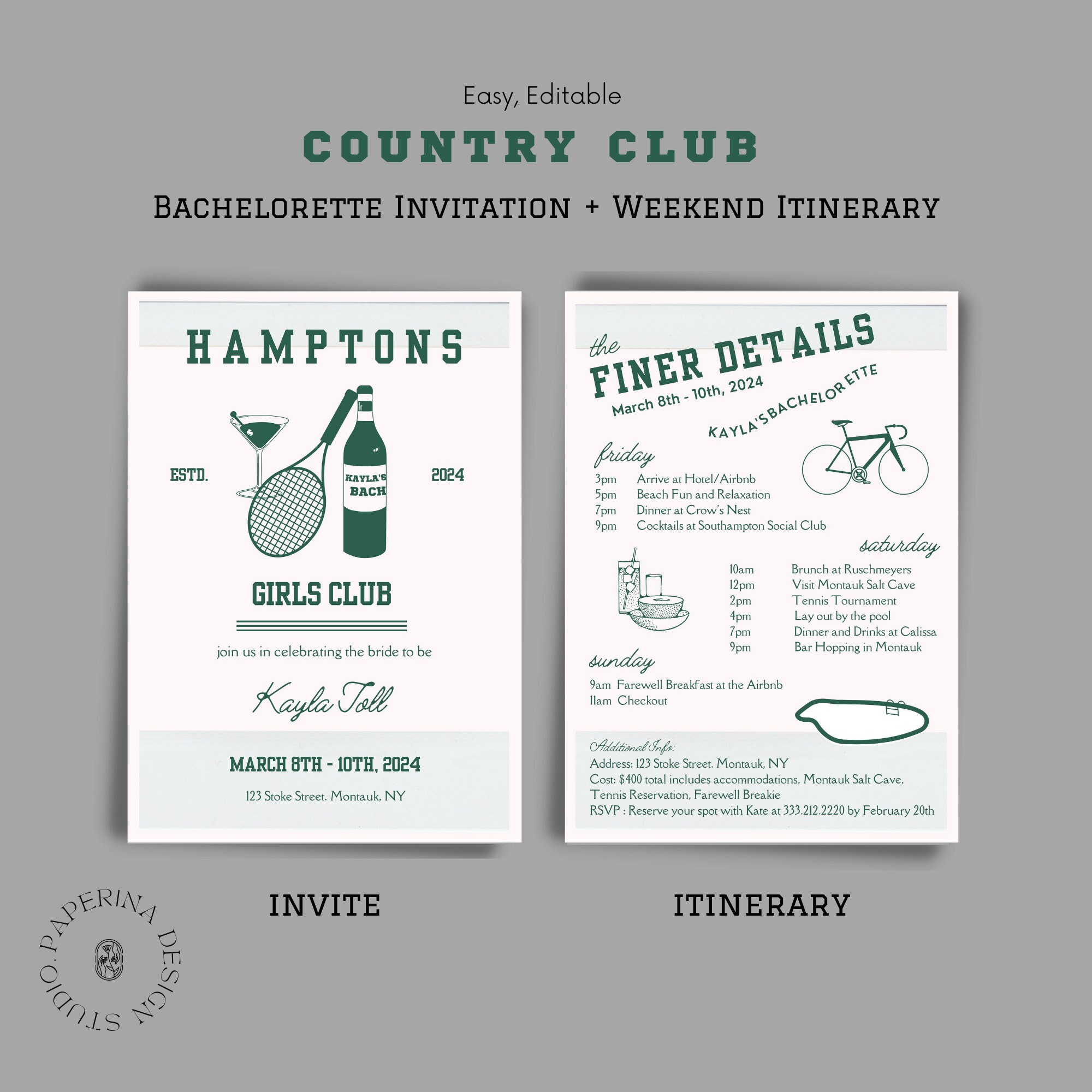 Country Club Bachelorette Invitation Template, Bachelorette Itinerary ...