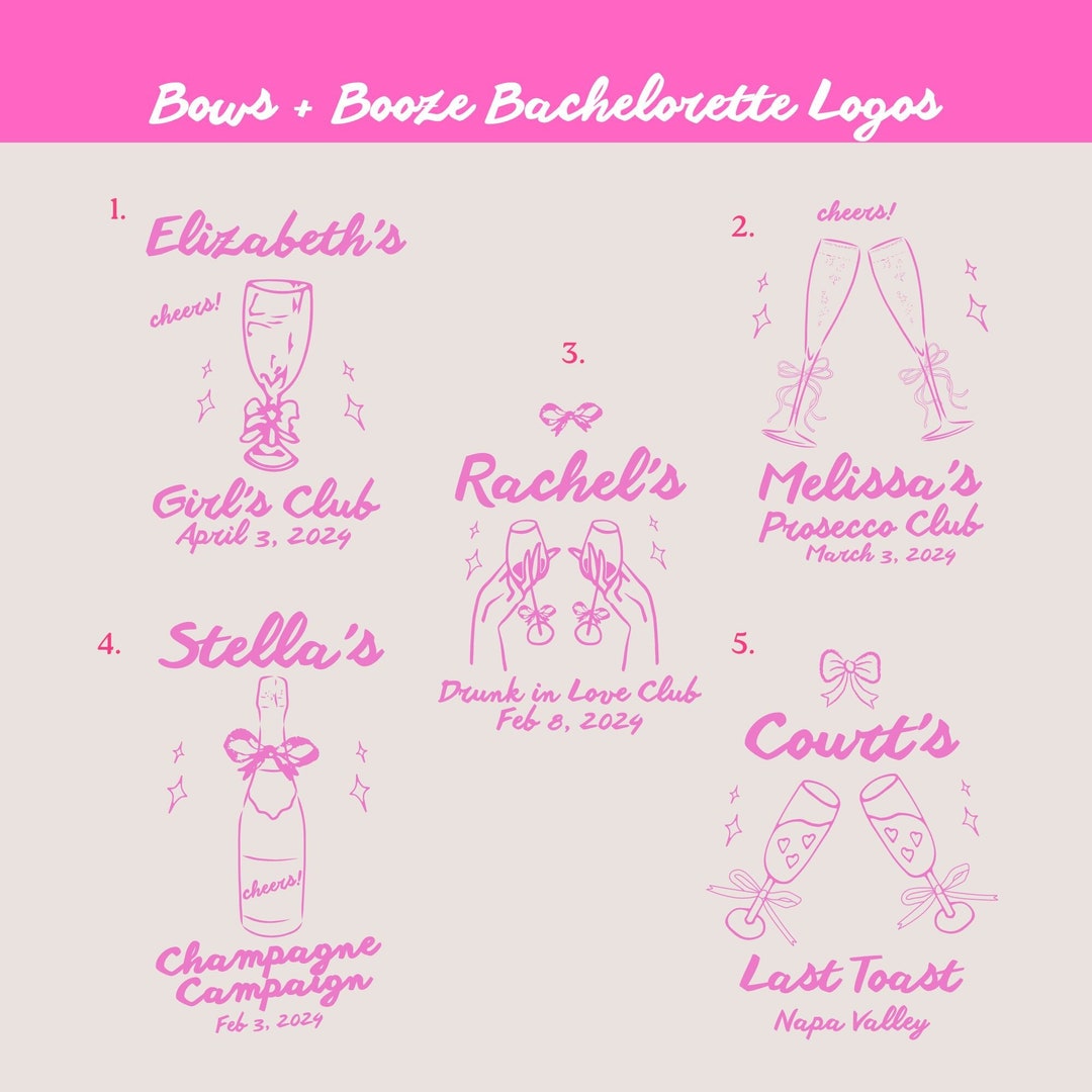 Bows and Booze Cocktail Bachelorette Logos, Champagne Campaign Logo ...