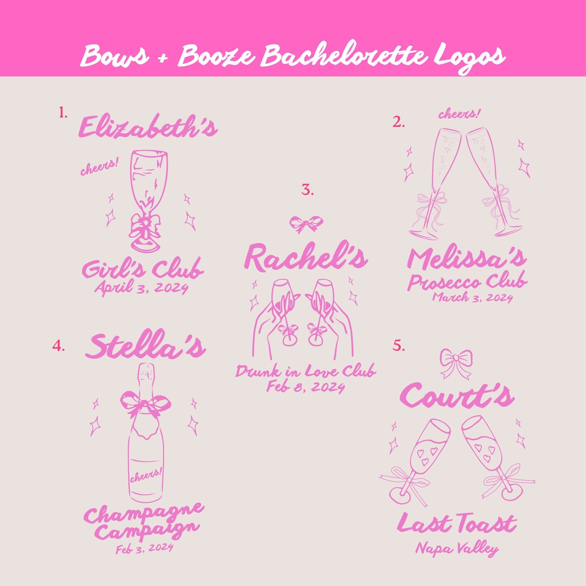 Bows and Booze Cocktail Bachelorette Logos, Champagne Campaign Logo ...