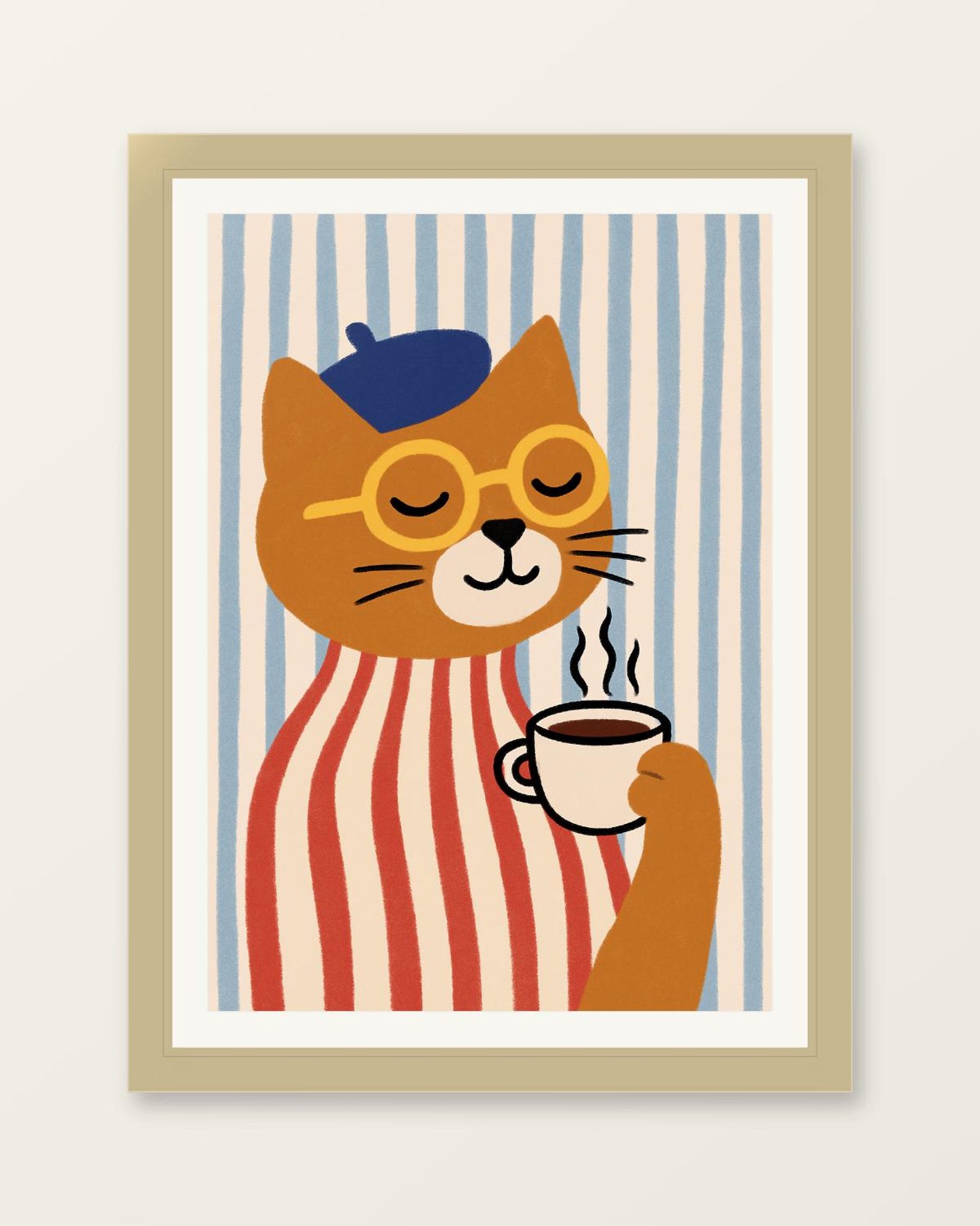 French Cat Coffee Print: Whimsical Animal Poster, Rustic Kitchen Decor ...