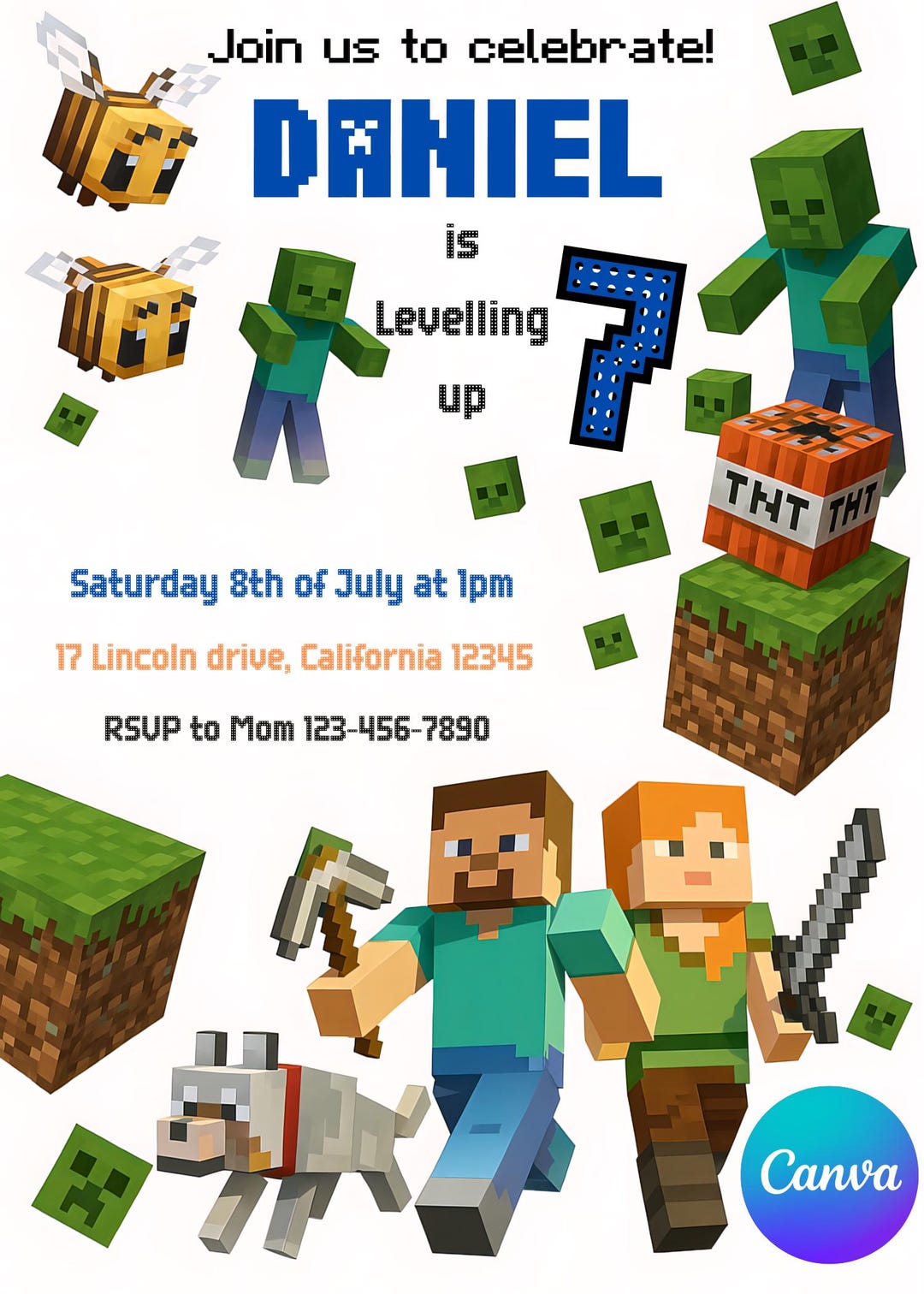 Editable Minecraft Birthday Invitation Template - Creeper Theme Party ...