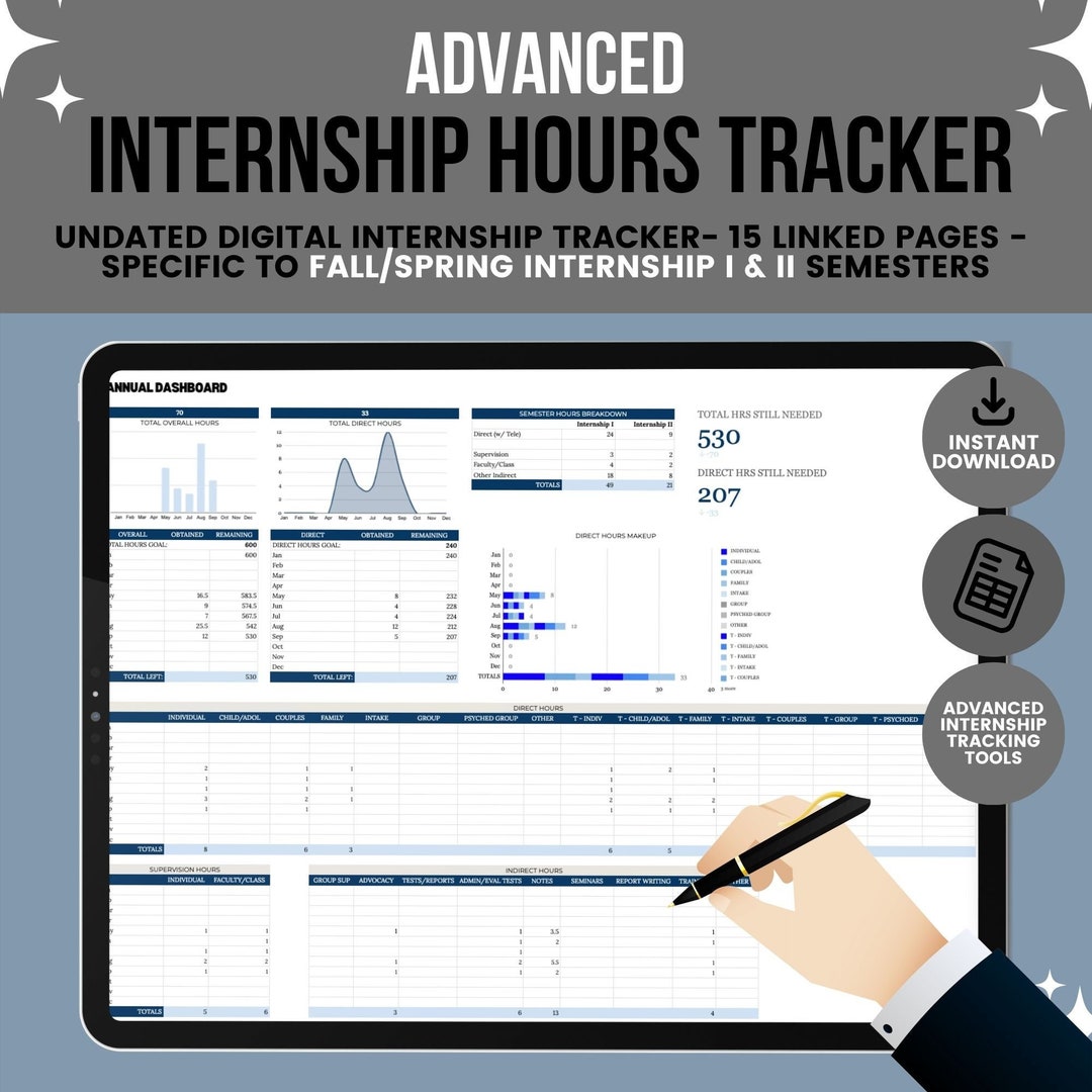 Comprehensive Clinical Internship I/II Hours Tracker Fall & Spring Blue Google Sheets Template ...