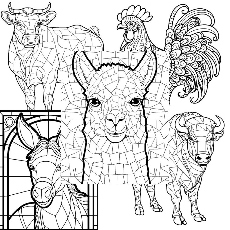 Farm Animals Coloring Page Bundle 150 PAGES Stained Glass ...