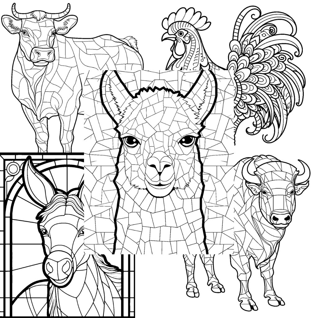 Farm Animals Coloring Page Bundle 150 PAGES Stained Glass ...