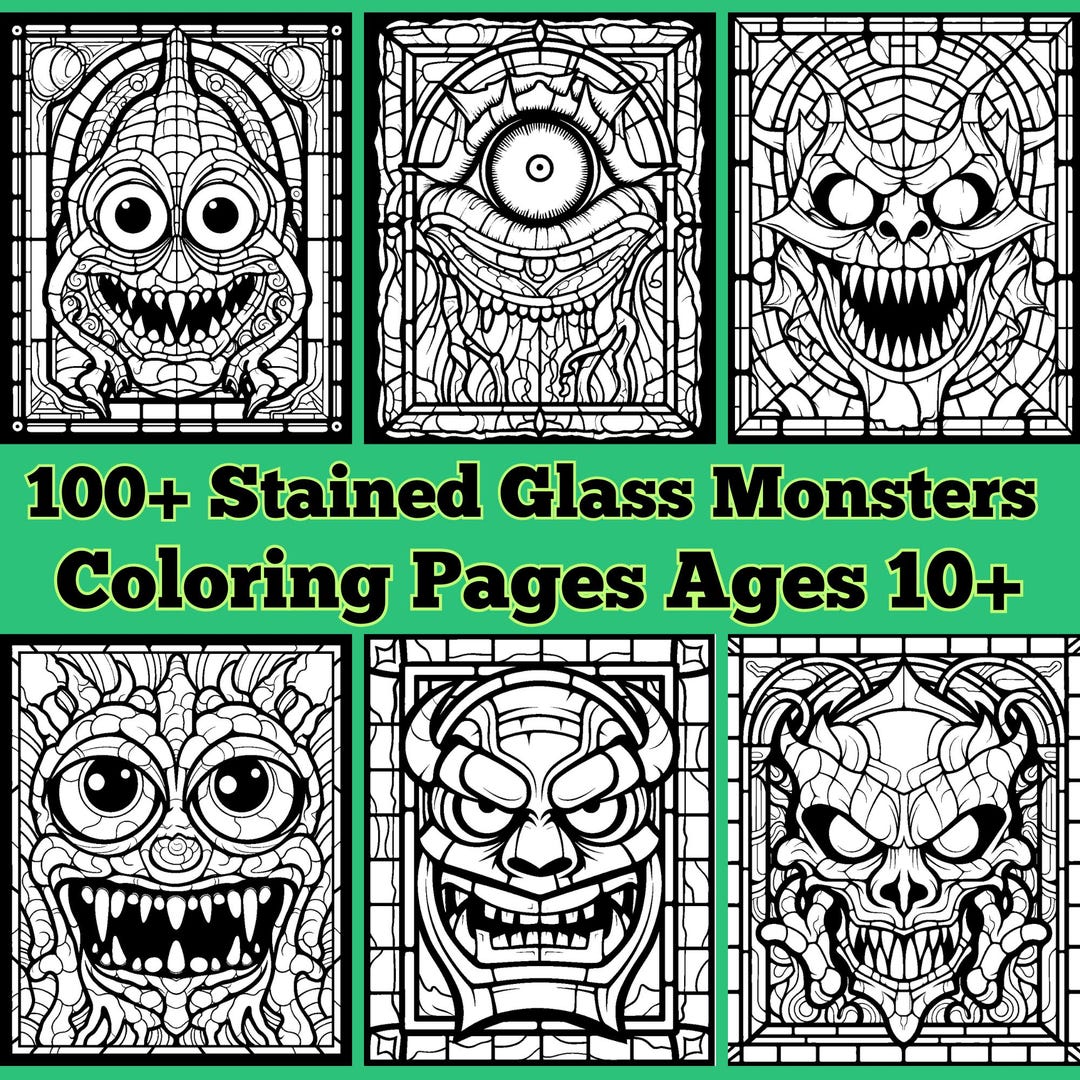 100 Monsters - Stained Glass Window Style Coloring Page Bundle for Ages ...