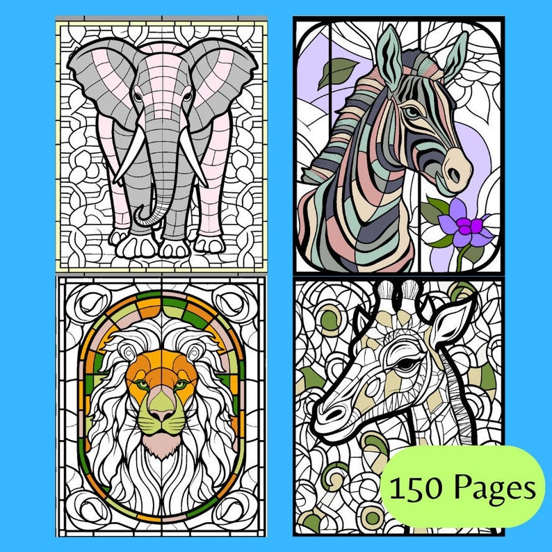 Stained Glass Zoo Animals Coloring Pages, Tessellations (150 Pages ...