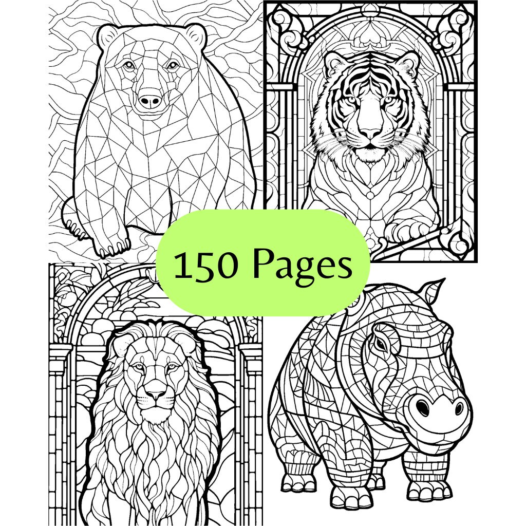 Wild Zoo Animals Coloring Page Bundle 150 PAGES Stained Glass ...