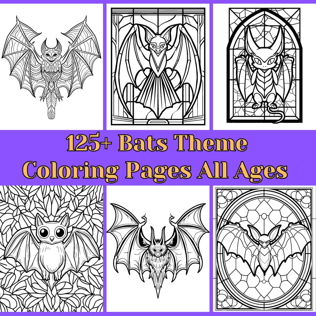 Halloween Bats Coloring Pages – Mosaics, Stained Glass (PDF & Pngs) - Etsy
