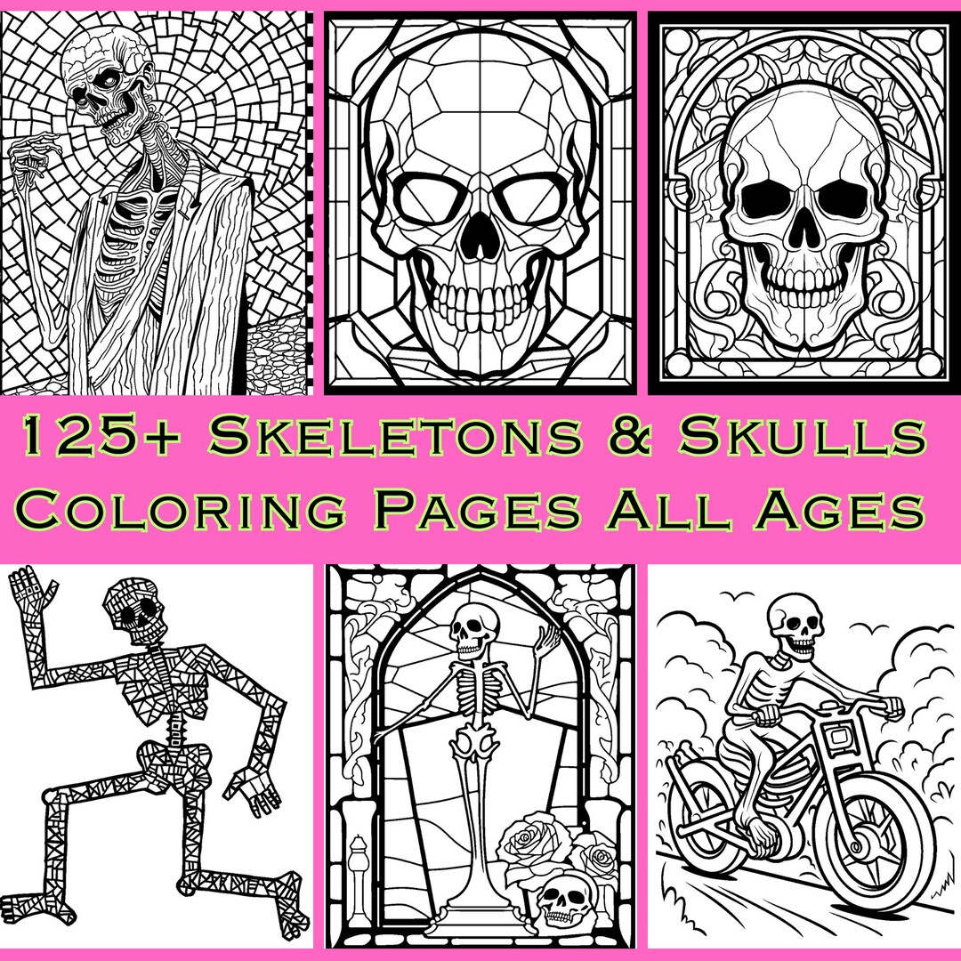 Skulls and Skeletons Coloring Pages – Mosaics, Stained Glass (PDF and ...