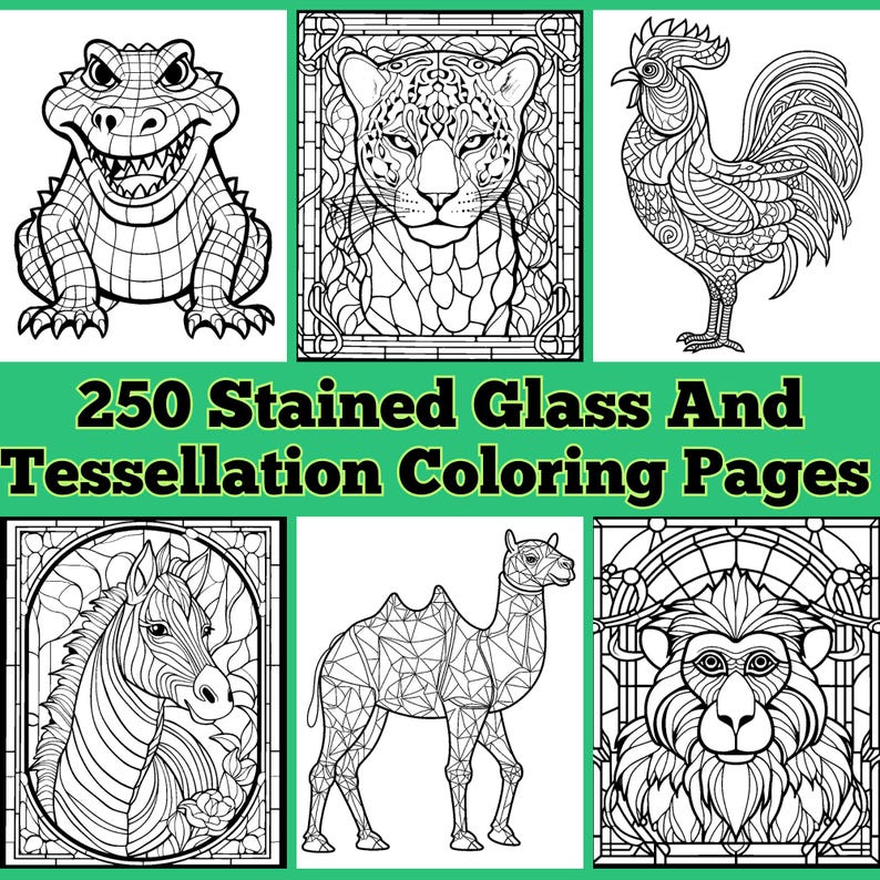 Animals Coloring Page Bundle 250 PAGES Stained Glass & Tessellations ...