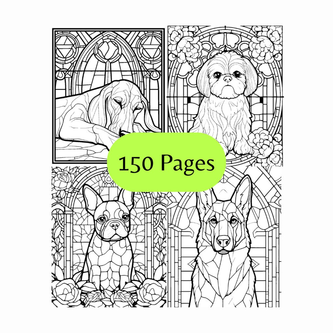 Dogs Stained Glass Window Coloring Page Bundle -150 PAGES- Bulldogs ...