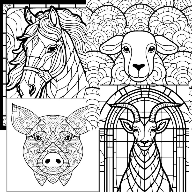 Farm Animals Coloring Page Bundle 150 PAGES Stained Glass ...