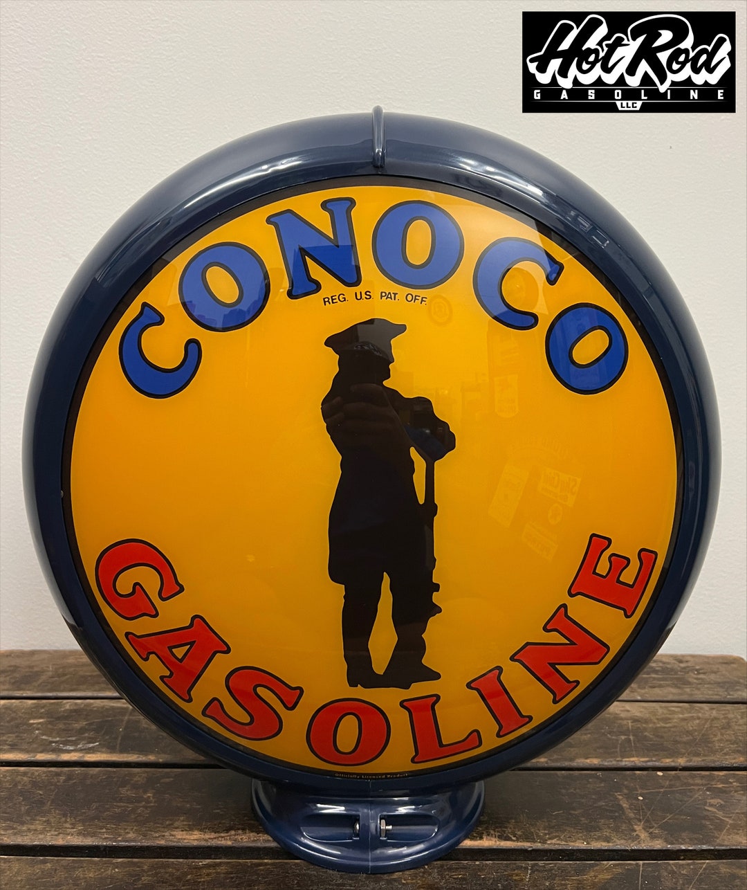 CONOCO MINUTEMAN GASOLINE Reproduction 13.5 Gas Pump Globe dark Blue ...