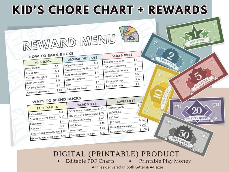 Printable Chore Chart With Play Money Fun and Simple System to ...