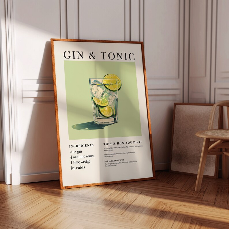 Gin and Tonic Cocktail Print | Cocktail Poster | Retro Cocktail Print ...