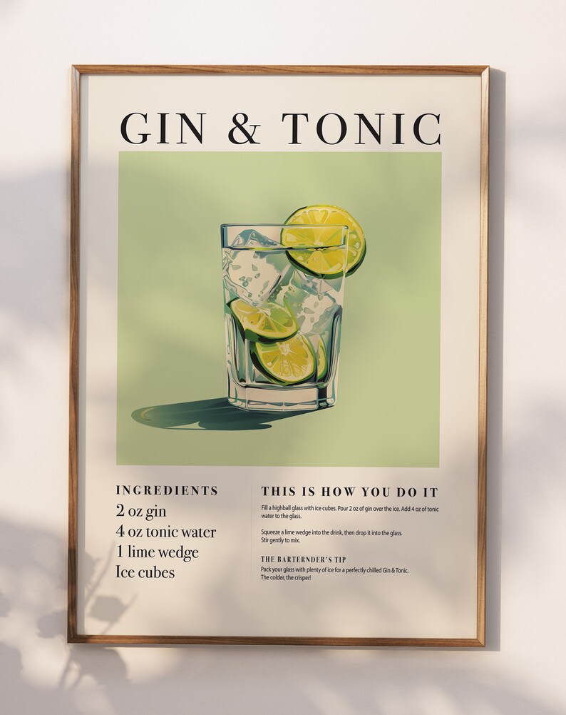 Gin and Tonic Cocktail Print | Cocktail Poster | Retro Cocktail Print ...