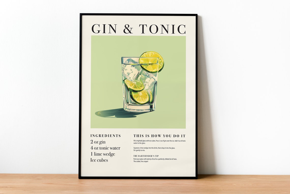 Gin and Tonic Cocktail Print | Cocktail Poster | Retro Cocktail Print ...