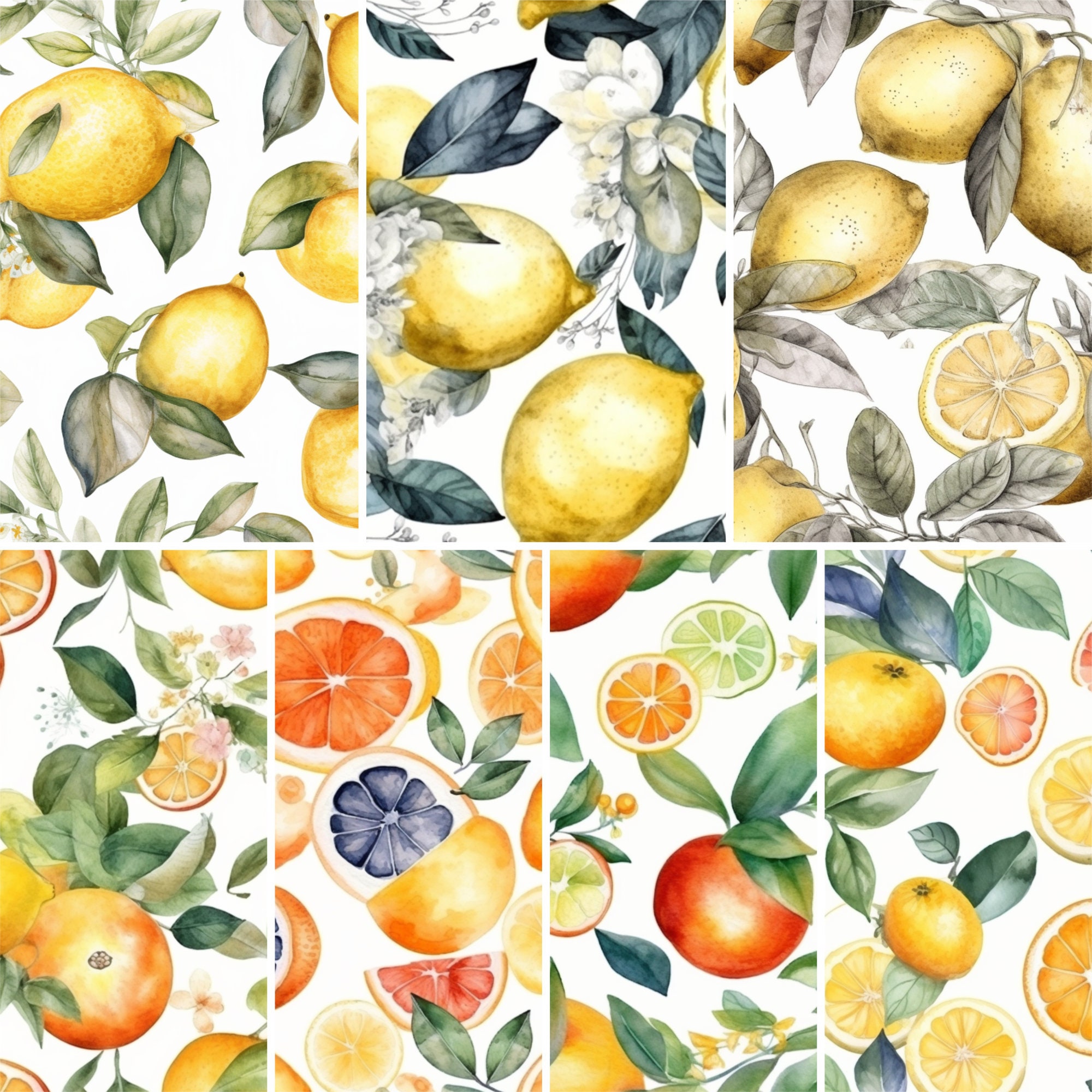 14 Juicy Watercolor Fruit Patterns: Citrus, Peaches, Grapes, Watermelon ...