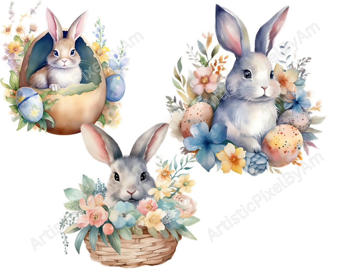 Adorable Easter Bunny Clipart Set: Watercolor Rabbit Art for Holidays ...