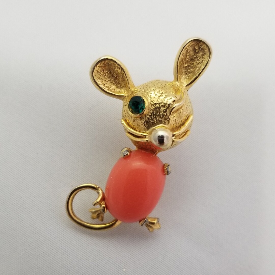Vintage Signed CASTLECLIFF Winking Mouse Jelly Belly Pin Brooch Gold ...