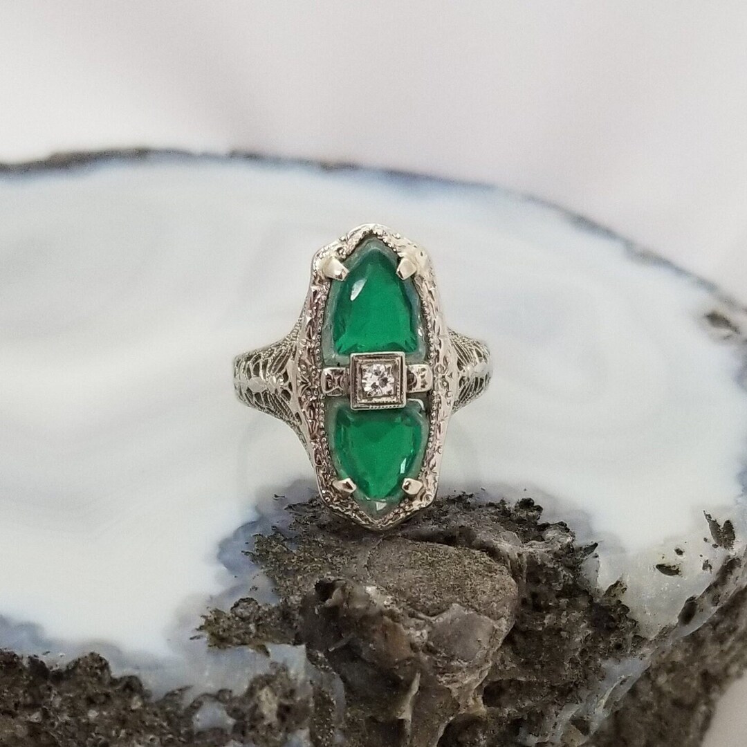 Fancy Triangle Cut, Genuine Emerald Doublets, W/a Center Diamond Set in ...