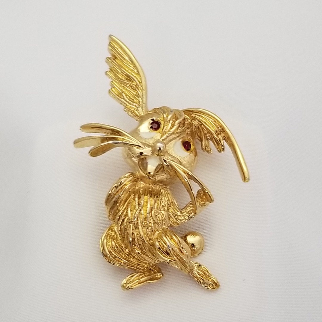 Vintage MONET Fun Gold Tone Bunny Rabbit Brooch/pin, Ruby Rhinestone ...