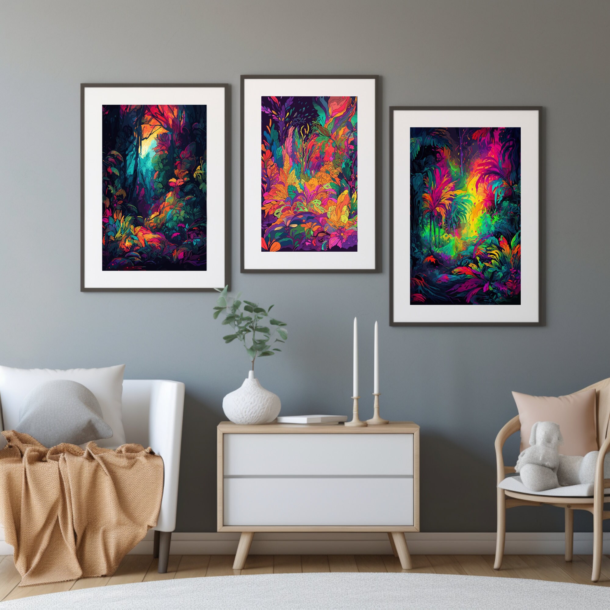 Psychedelic Bright Jungle Digital Artwork, 3 Piece Gallery Digital ...