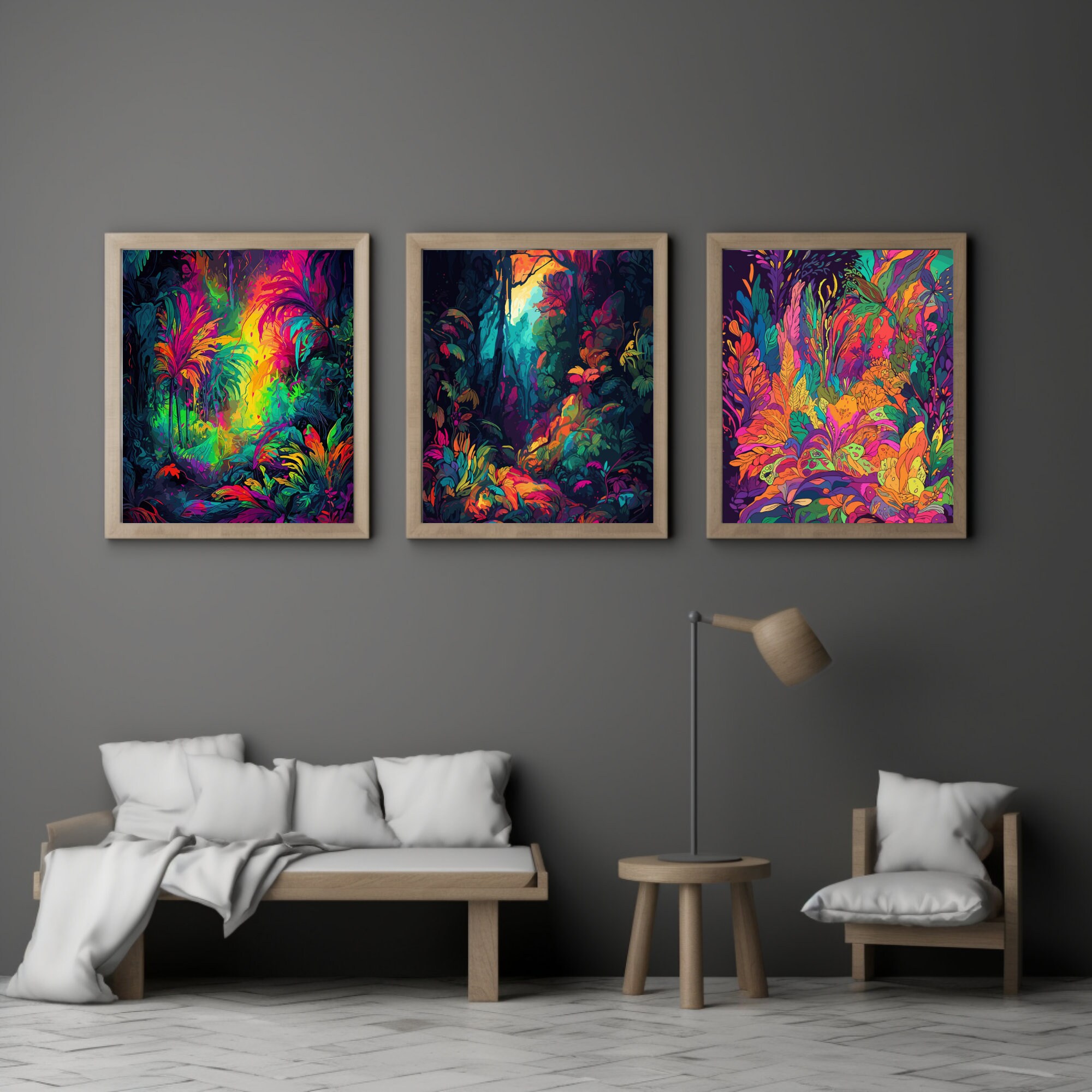 Psychedelic Bright Jungle Digital Artwork, 3 Piece Gallery Digital ...