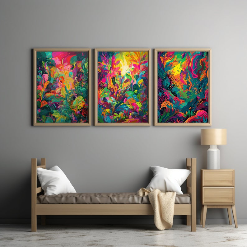 Psychedelic Jungle Journey Digital Artwork, 3 Piece Gallery Digital ...