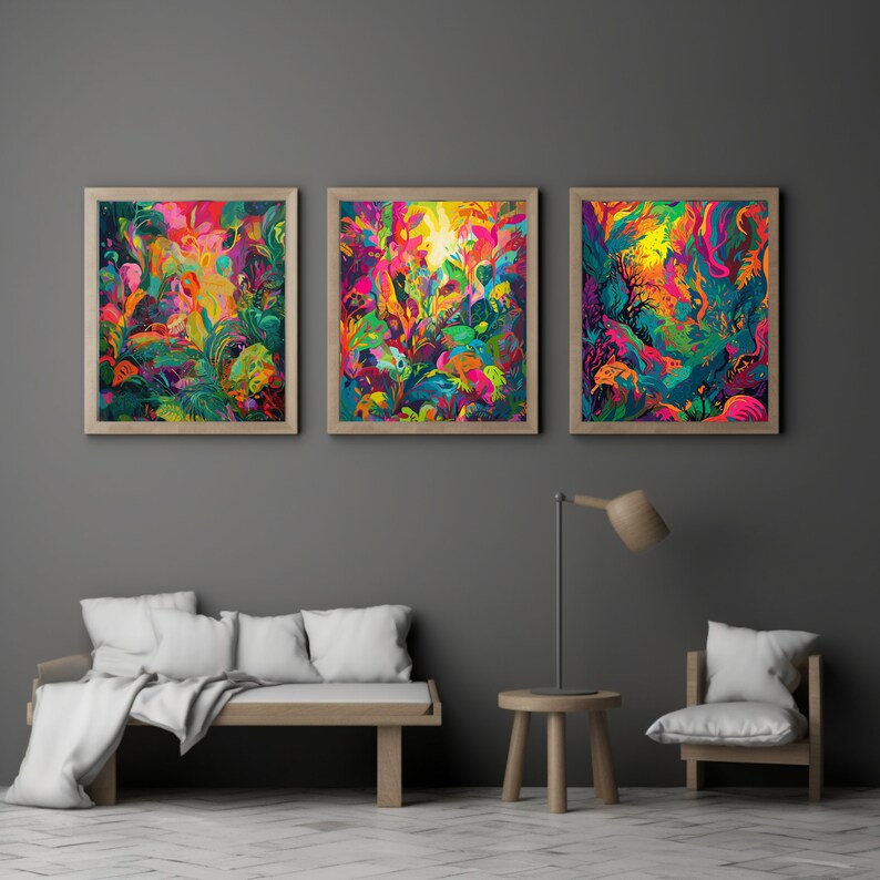 Psychedelic Jungle Journey Digital Artwork, 3 Piece Gallery Digital ...
