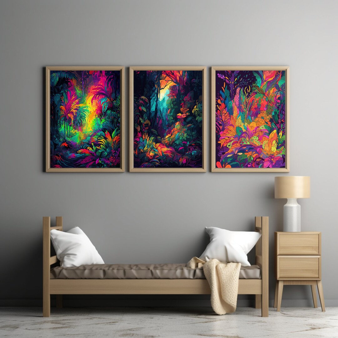 Psychedelic Bright Jungle Digital Artwork, 3 Piece Gallery Digital ...