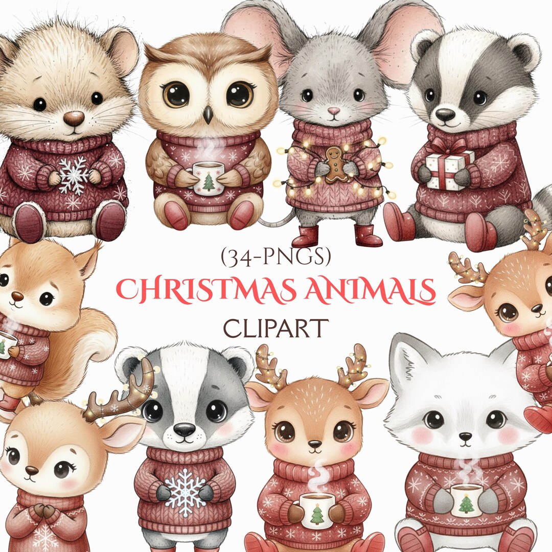 Christmas Woodland Animals Clipart – Cute Forest Animals Watercolor PNG ...