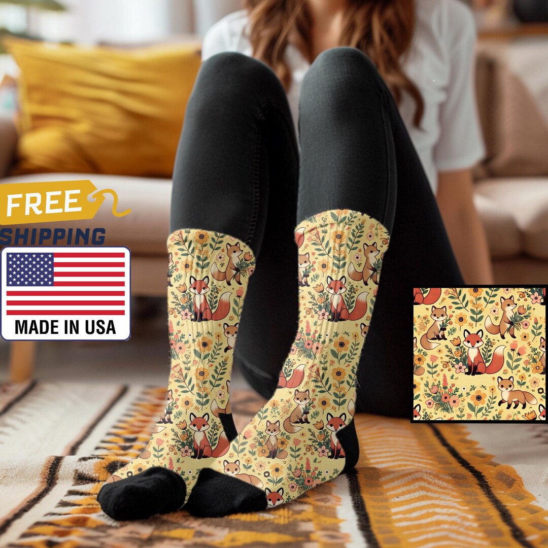 Cottagecore Foxes With Flowers Socks - Adorable Woodland Animal Print ...