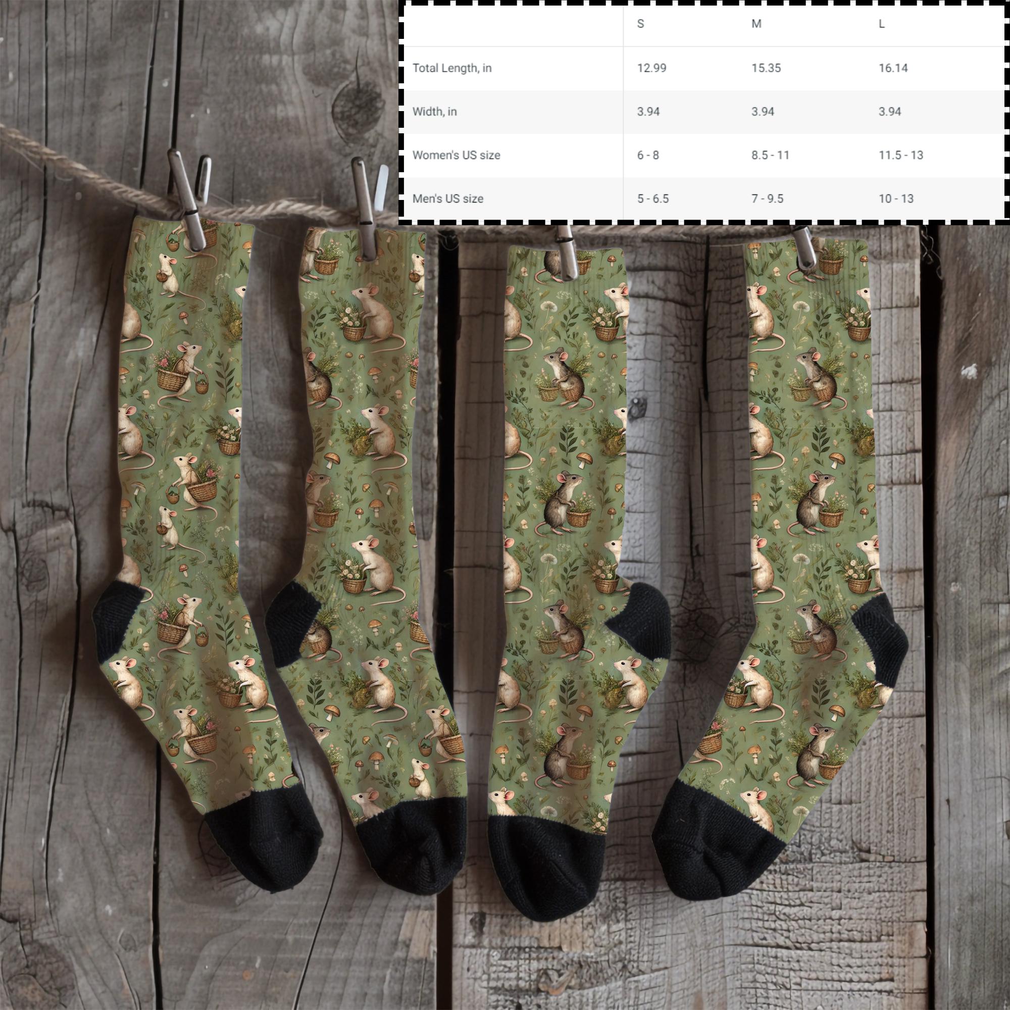 Foraging Mice Pattern Green Socks - Whimsical Cottagecore Animal Print ...