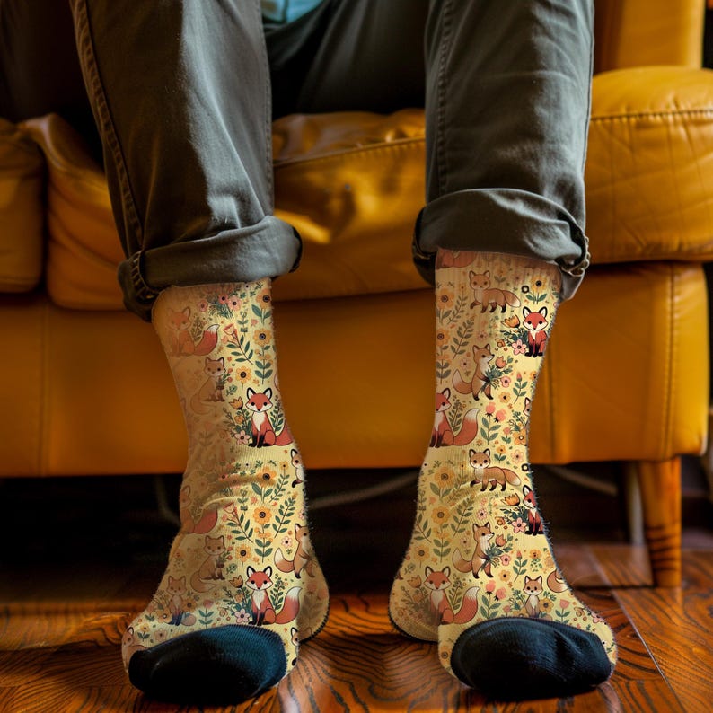 Cottagecore Foxes With Flowers Socks - Adorable Woodland Animal Print ...
