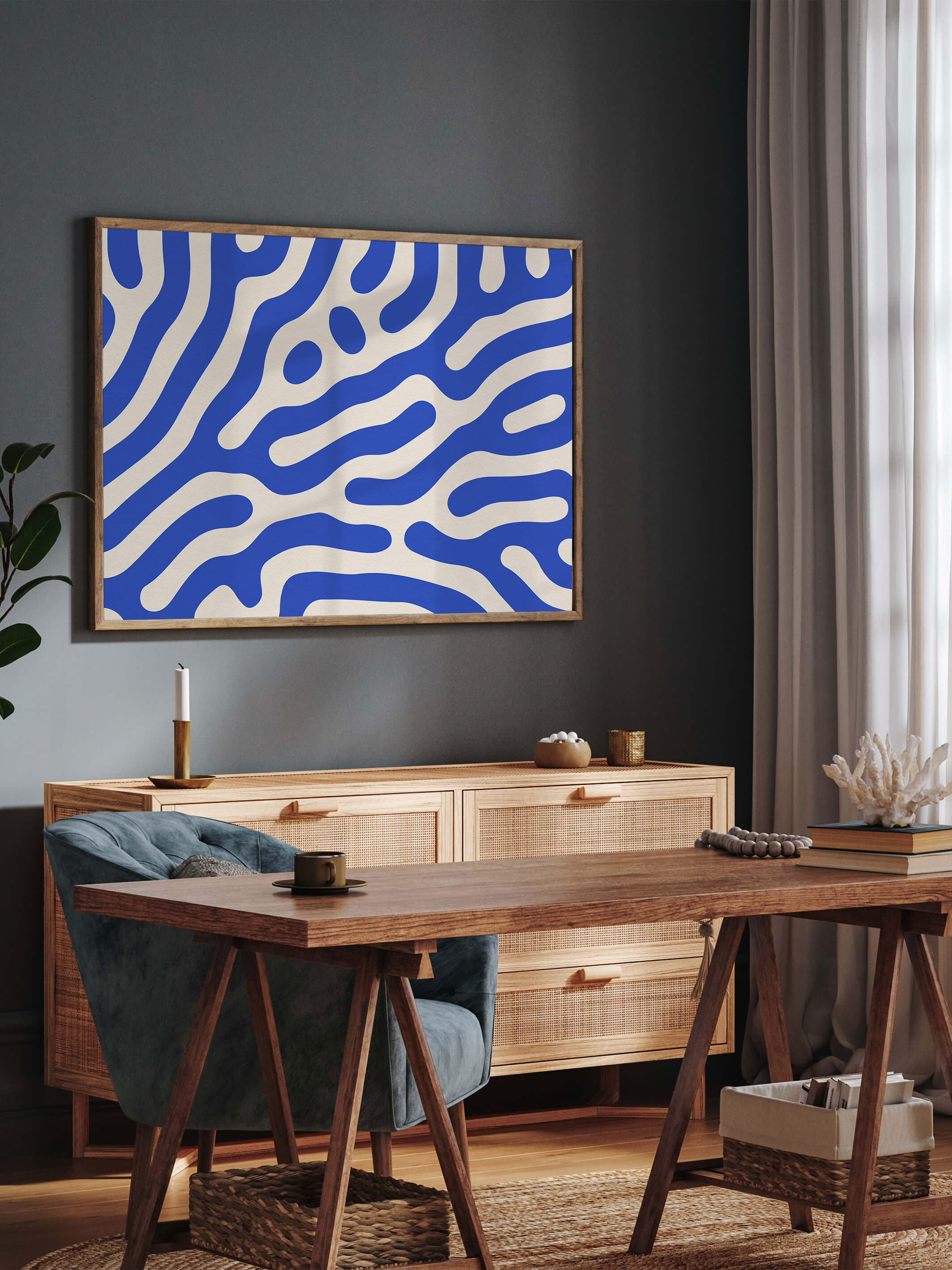 Cerulean Blue Abstract Horizontal Wall Art, Mid Century Modern, Guy ...